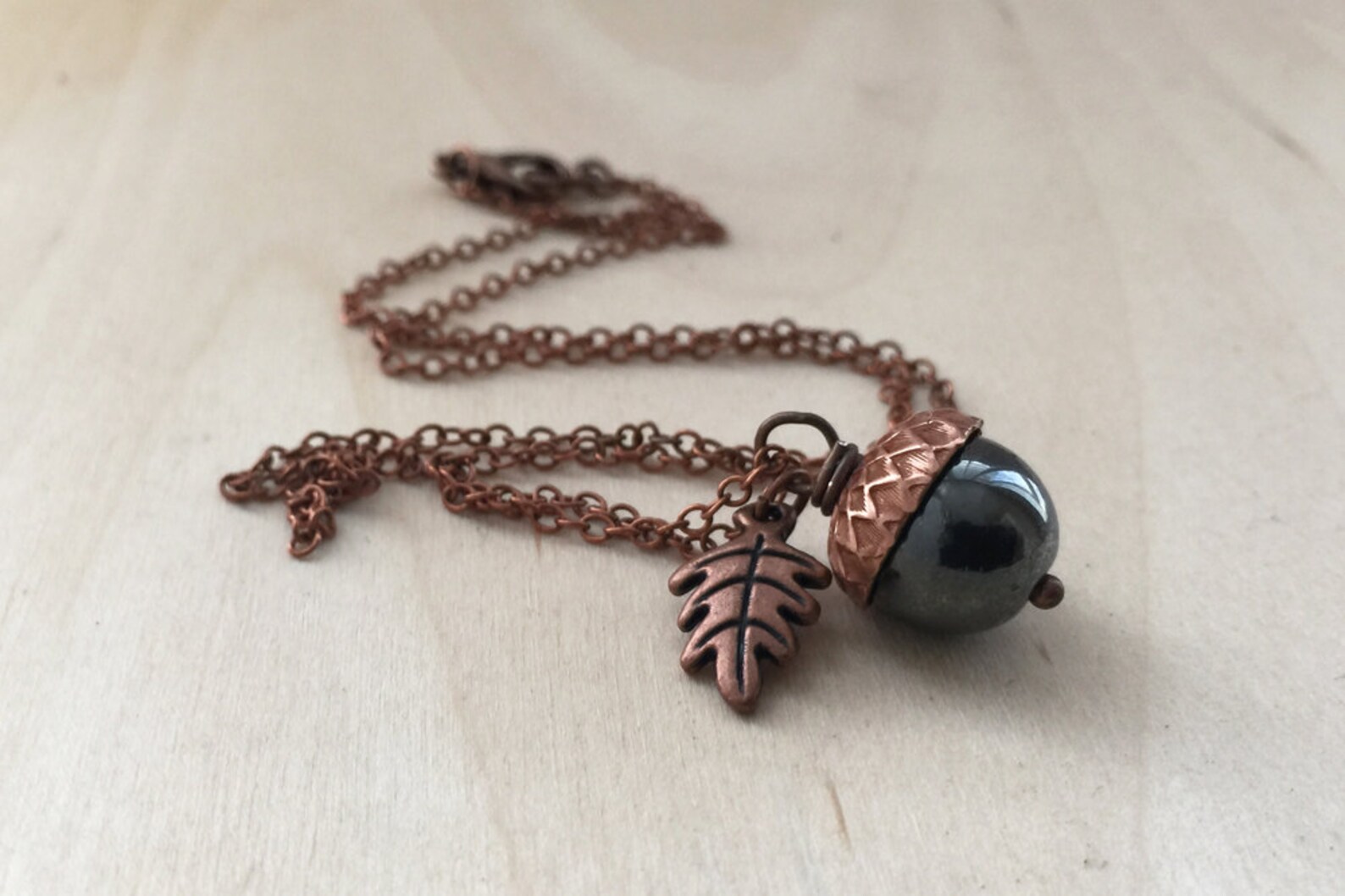 Hematite and Copper Acorn Necklace | Fall Acorn Necklace | Hematite ...