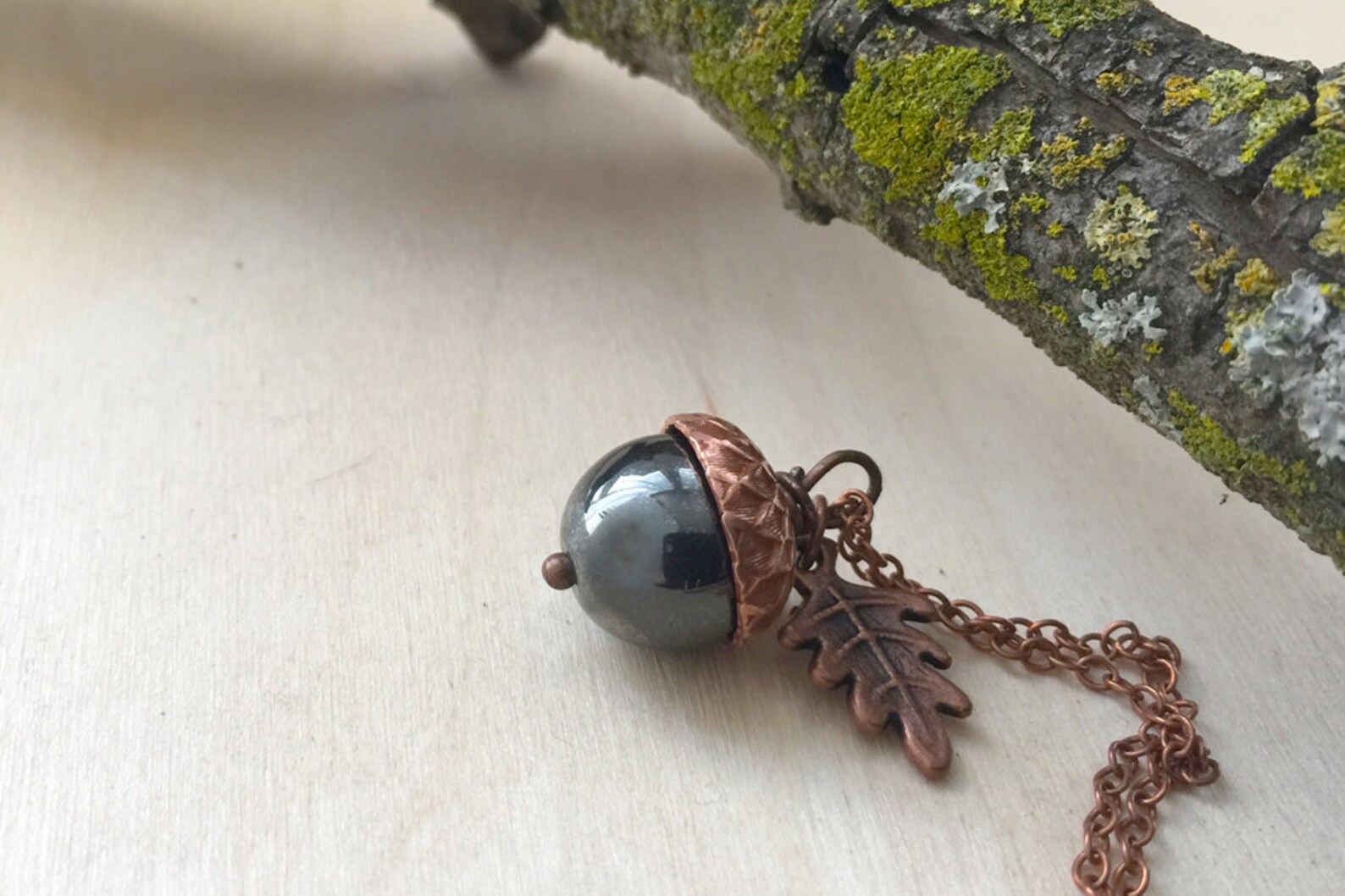 Hematite and Copper Acorn Necklace | Fall Acorn Necklace | Hematite ...