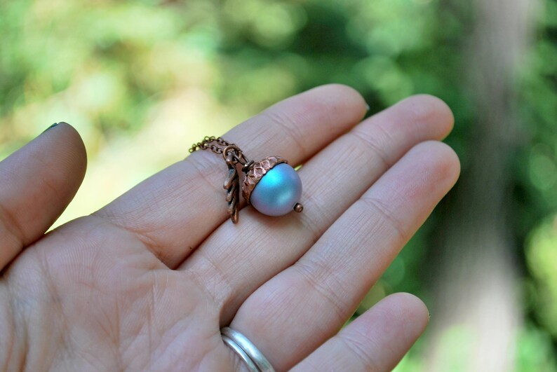 Tide Pool Magic Acorn Necklace | Iridescent Light Blue and Copper Acorn ...