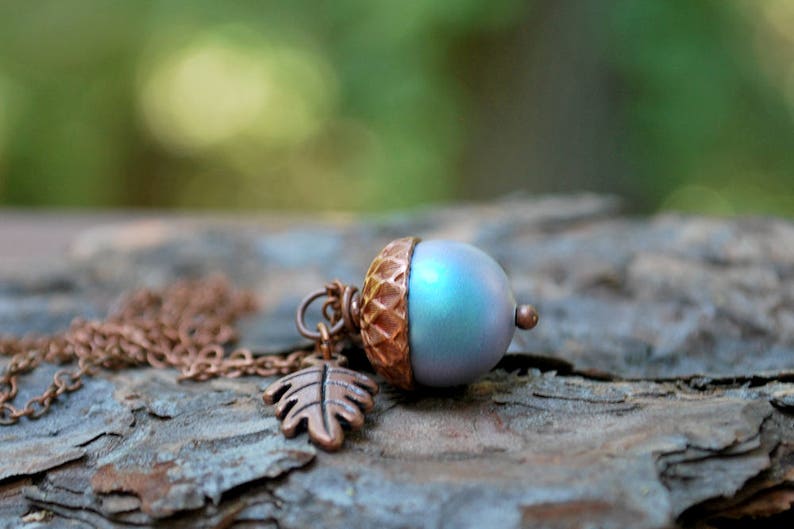 Tide Pool Magic Acorn Necklace | Iridescent Light Blue and Copper Acorn ...