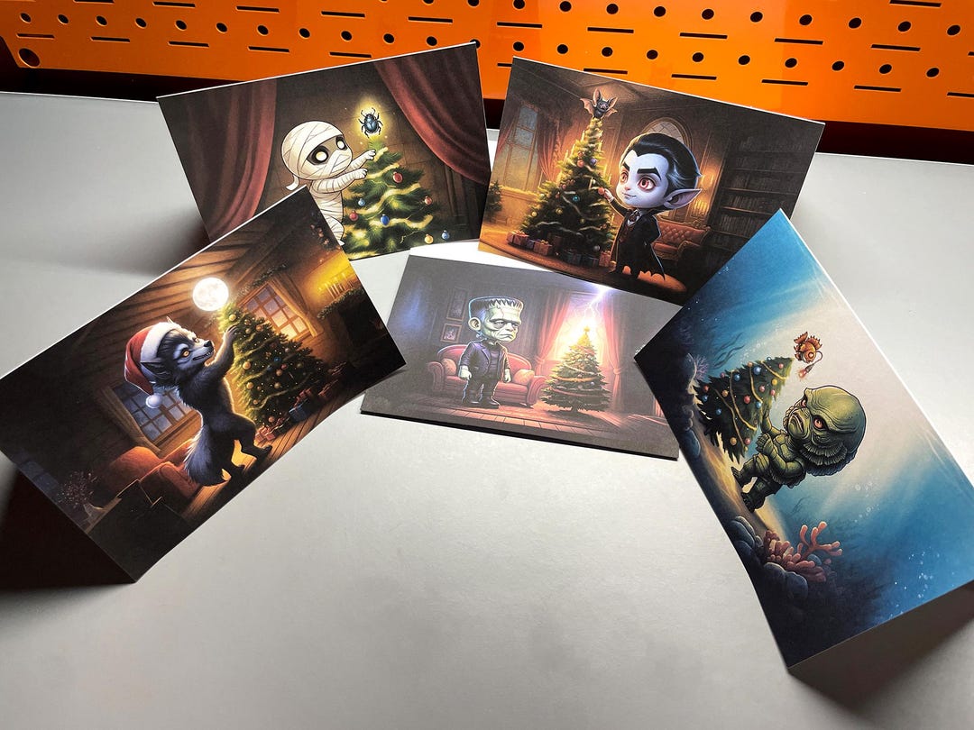 Holiday Card Bundle 5x Chibi Monsters and Their Christmas Trees - Etsy