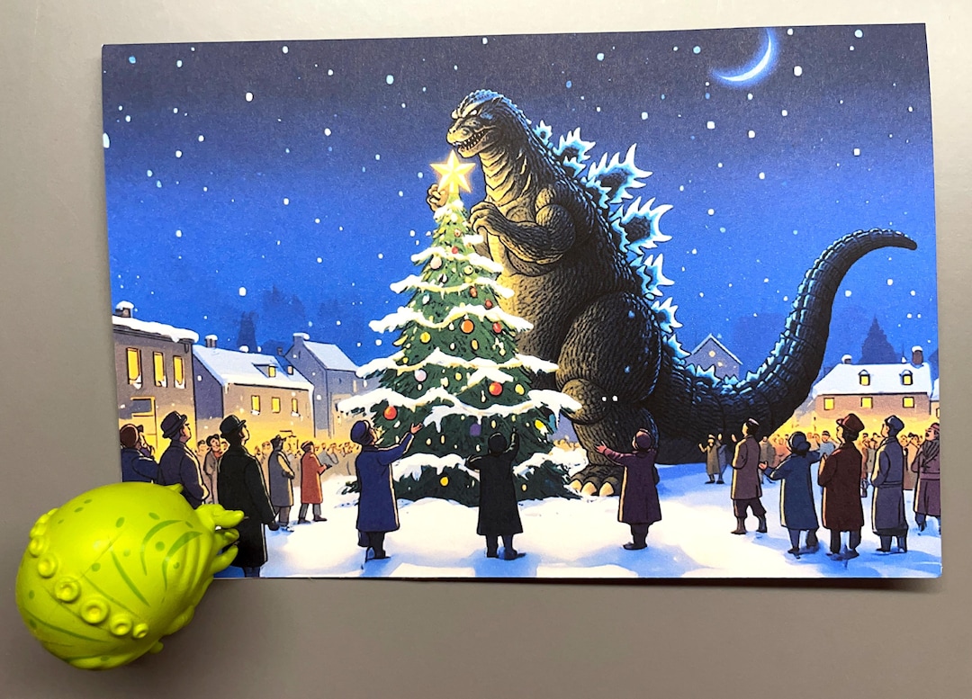 Holiday Card! Godzilla Places the Christmas Tree Topper Star - Etsy