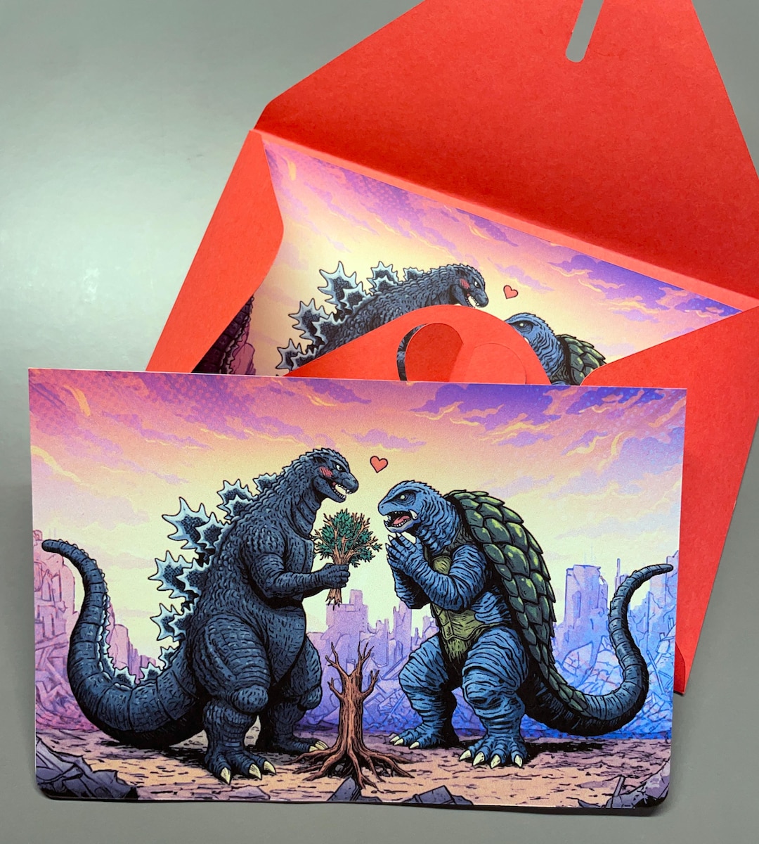 Romantic Card Godzilla and Gamera Have a Moment Amidst the Rubble. - Etsy