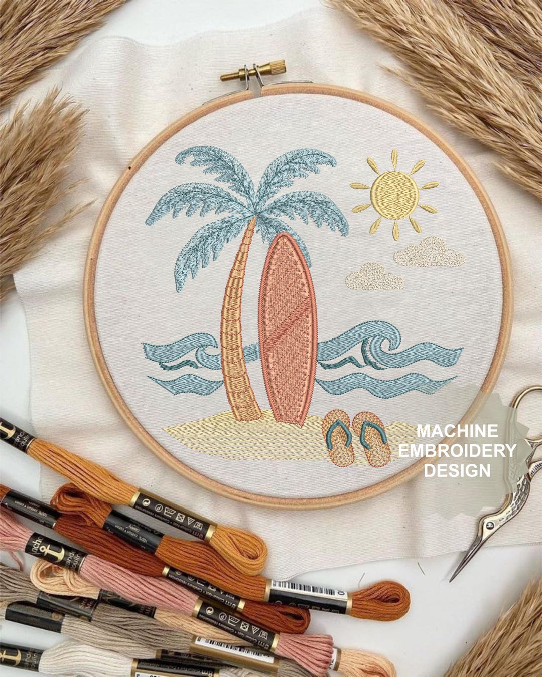 Beach Vibes Machine Embroidery Design - Palm Trees, Surfboard & Flip ...