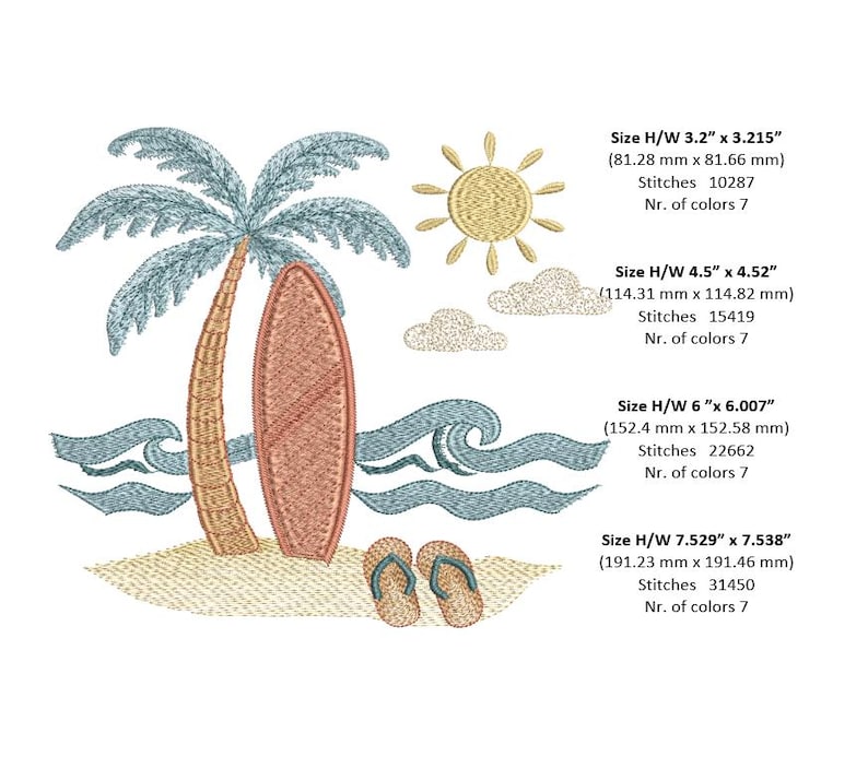 Beach Vibes Machine Embroidery Design - Palm Trees, Surfboard & Flip ...
