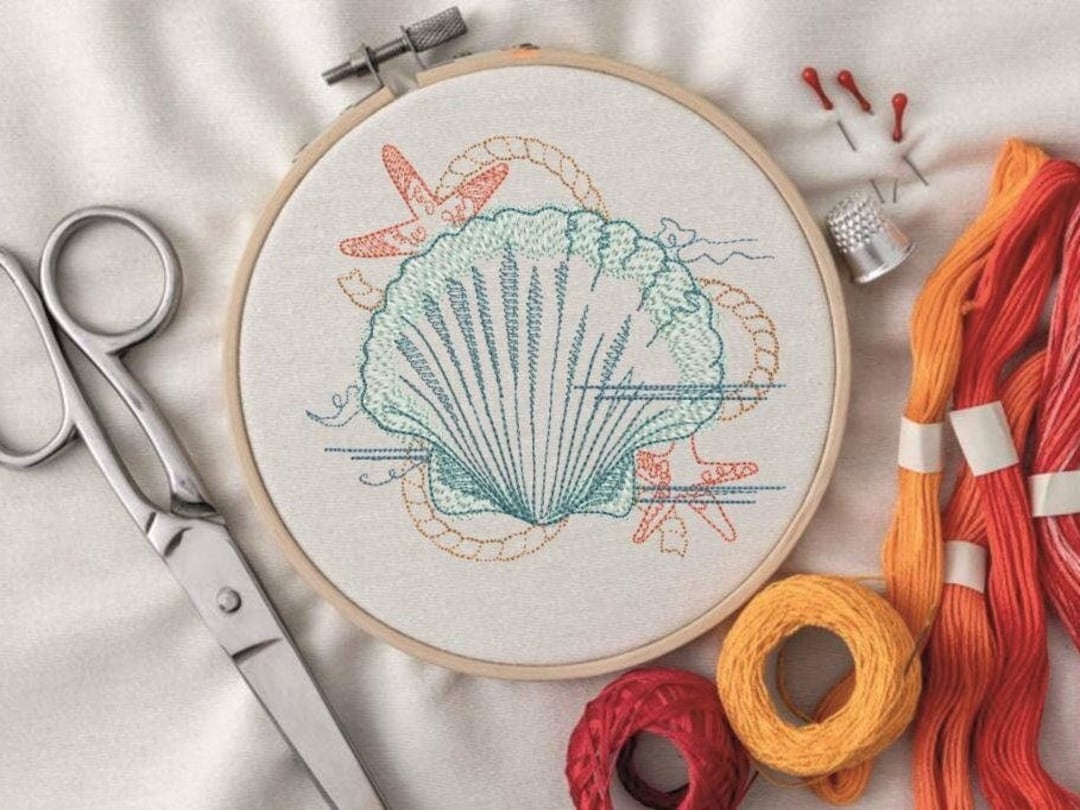Seaside Landscape With Seashell Embroidery - Machine Embroidery Pattern ...