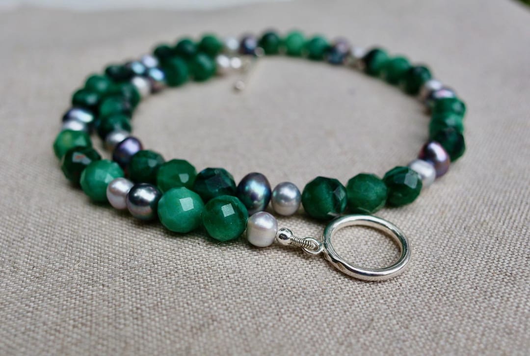 Beaded Emerald Green Muscovite, Fresh Water Pearl Necklace-boho ...