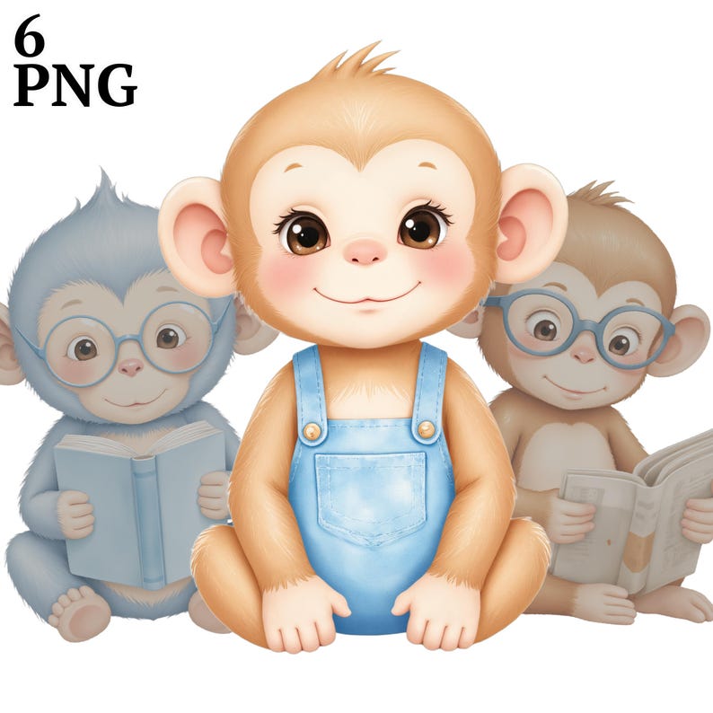 6 Blue Boys Monkey Clipart, Cute Baby Monkey Clip Art PNG Nursery Decor ...