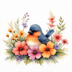 12 PNG Whimsical Birds Clip Art, Birds With Flowers, Cute Birds Digital ...
