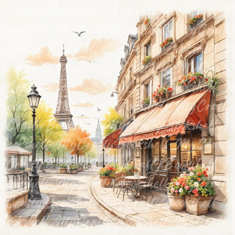 Vintage Paris Watercolor Clipart: Eiffel Tower Postcard (digital ...
