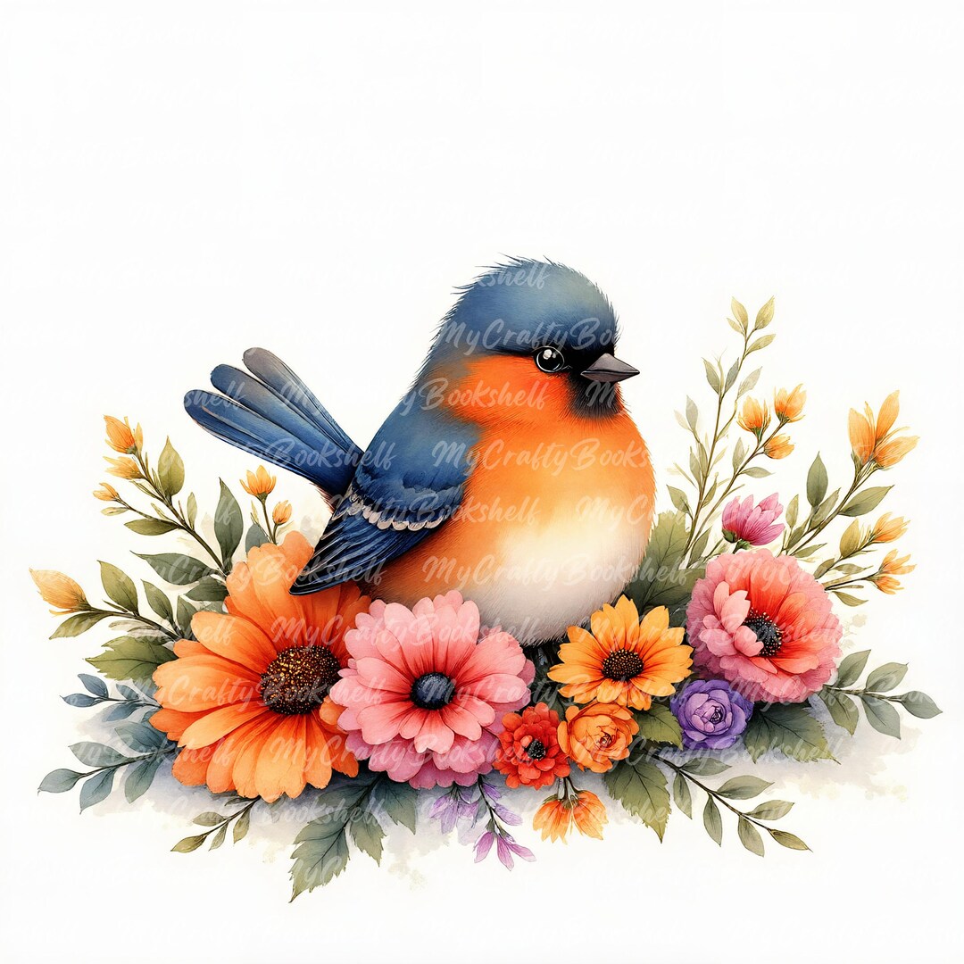 12 PNG Whimsical Birds Clip Art, Birds With Flowers, Cute Birds Digital ...
