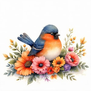 12 PNG Whimsical Birds Clip Art, Birds With Flowers, Cute Birds Digital ...