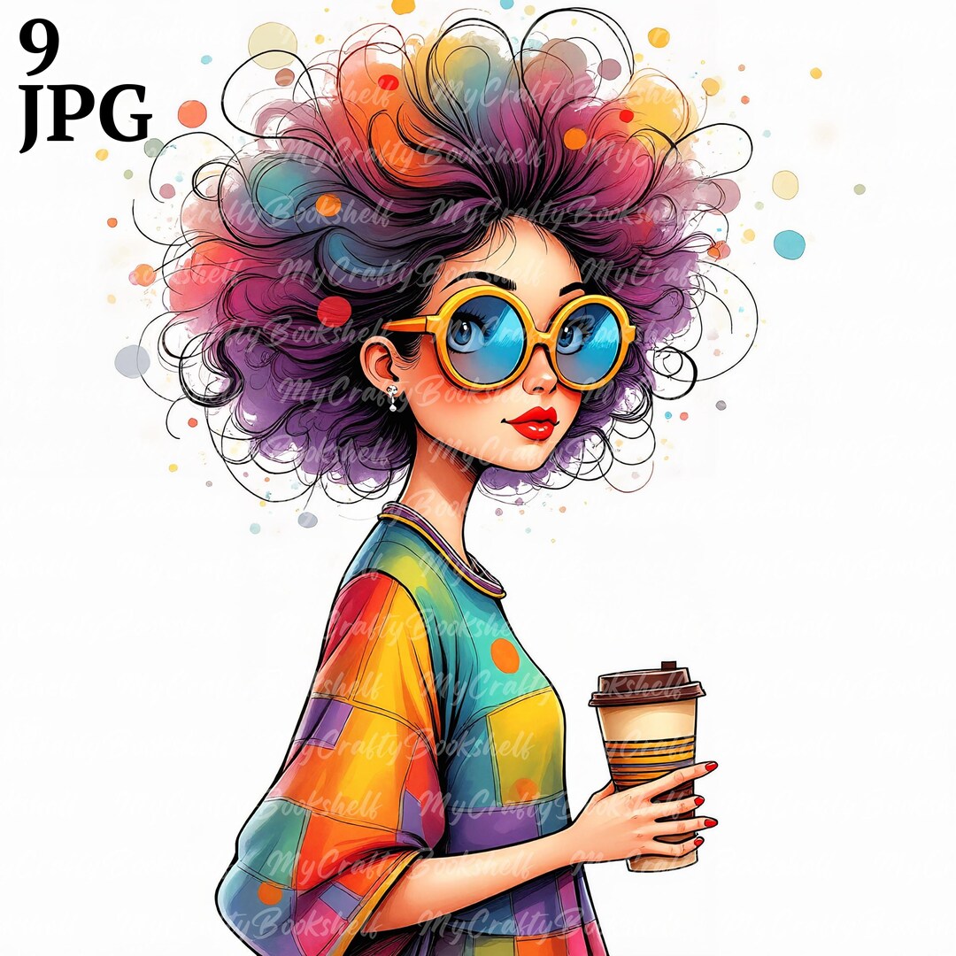 Whimsical Woman Clipart: Watercolor Lady With Coffee (PNG, Commercial ...