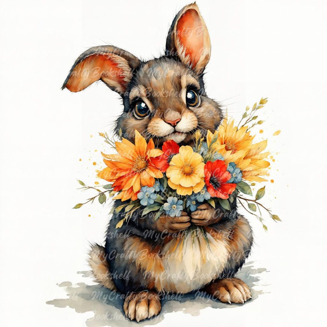 12 Bunny Clipart, Flowers Bouquet, Rabbit, Printable Watercolor Clipart ...