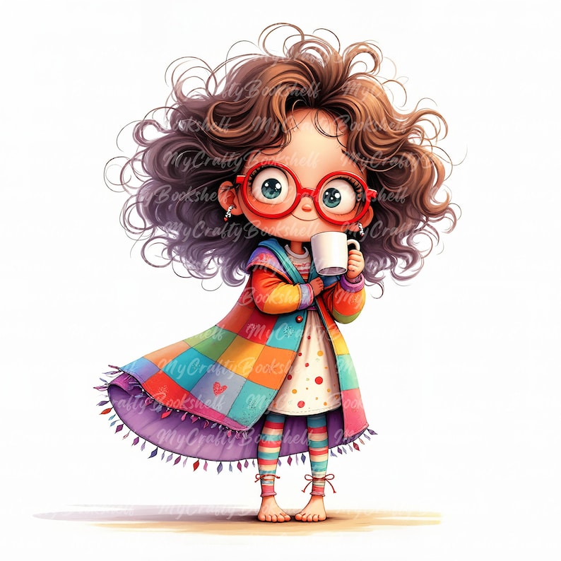 Whimsical Woman Clipart: Watercolor Lady With Coffee (PNG, Commercial ...
