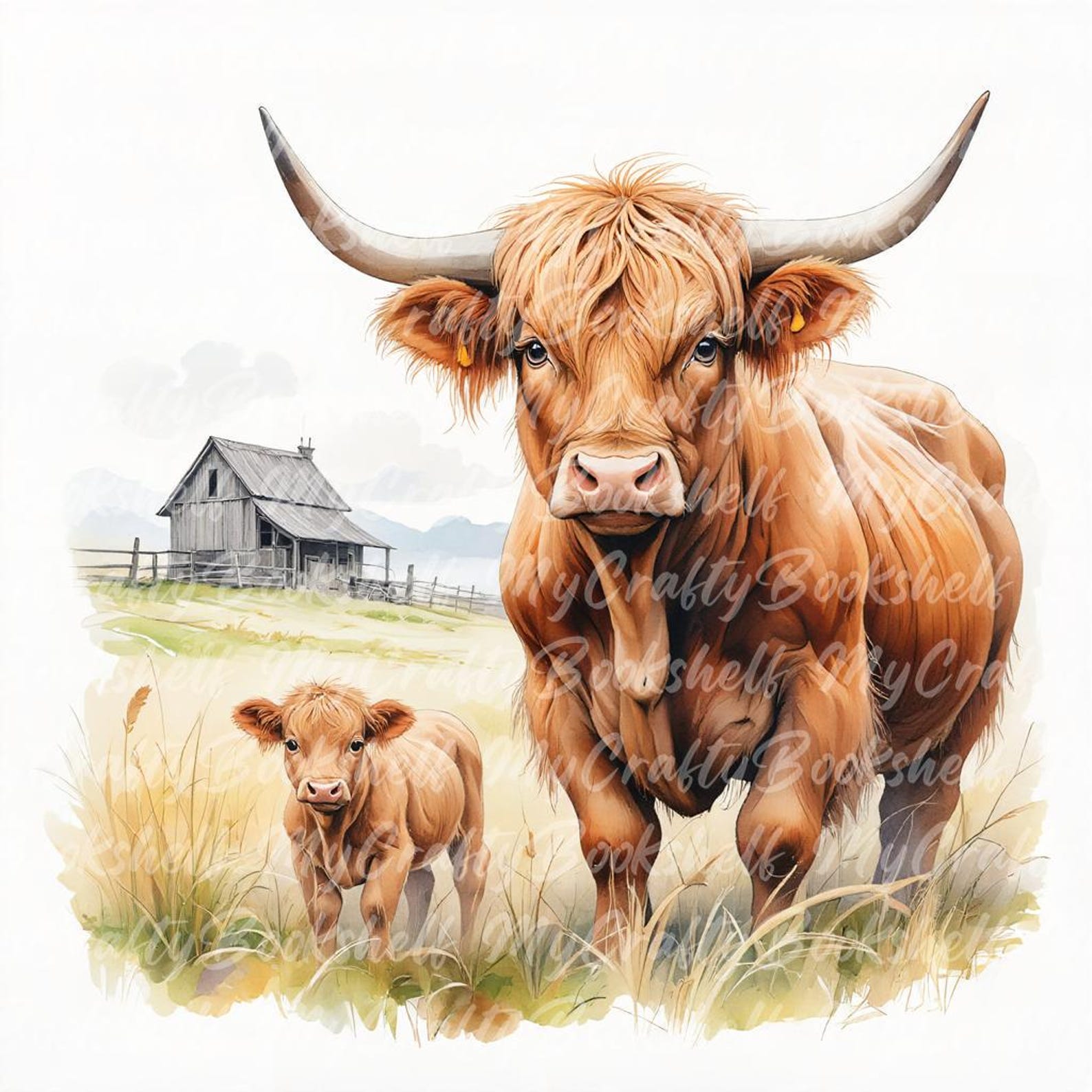 12 Highland Cow Watercolor Clipart: Farm Animal PNG (digital Download ...