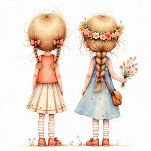 12 Best Friends Little Girls Clip Art Kit High Res Watercolor Jpgs for ...