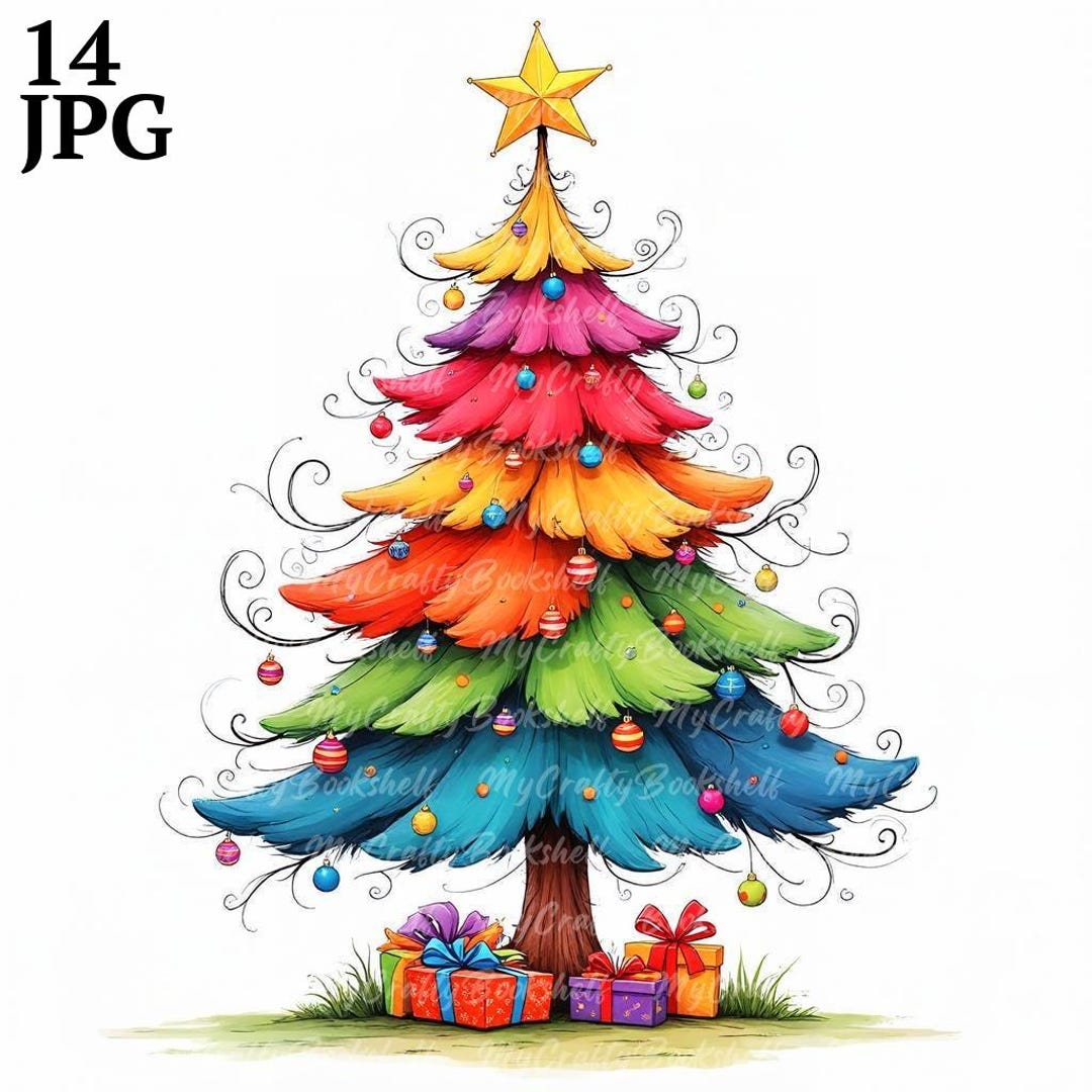 14 Whimsical Christmas Tree Clipart, Quirky Christmas Clipart, JPG ...