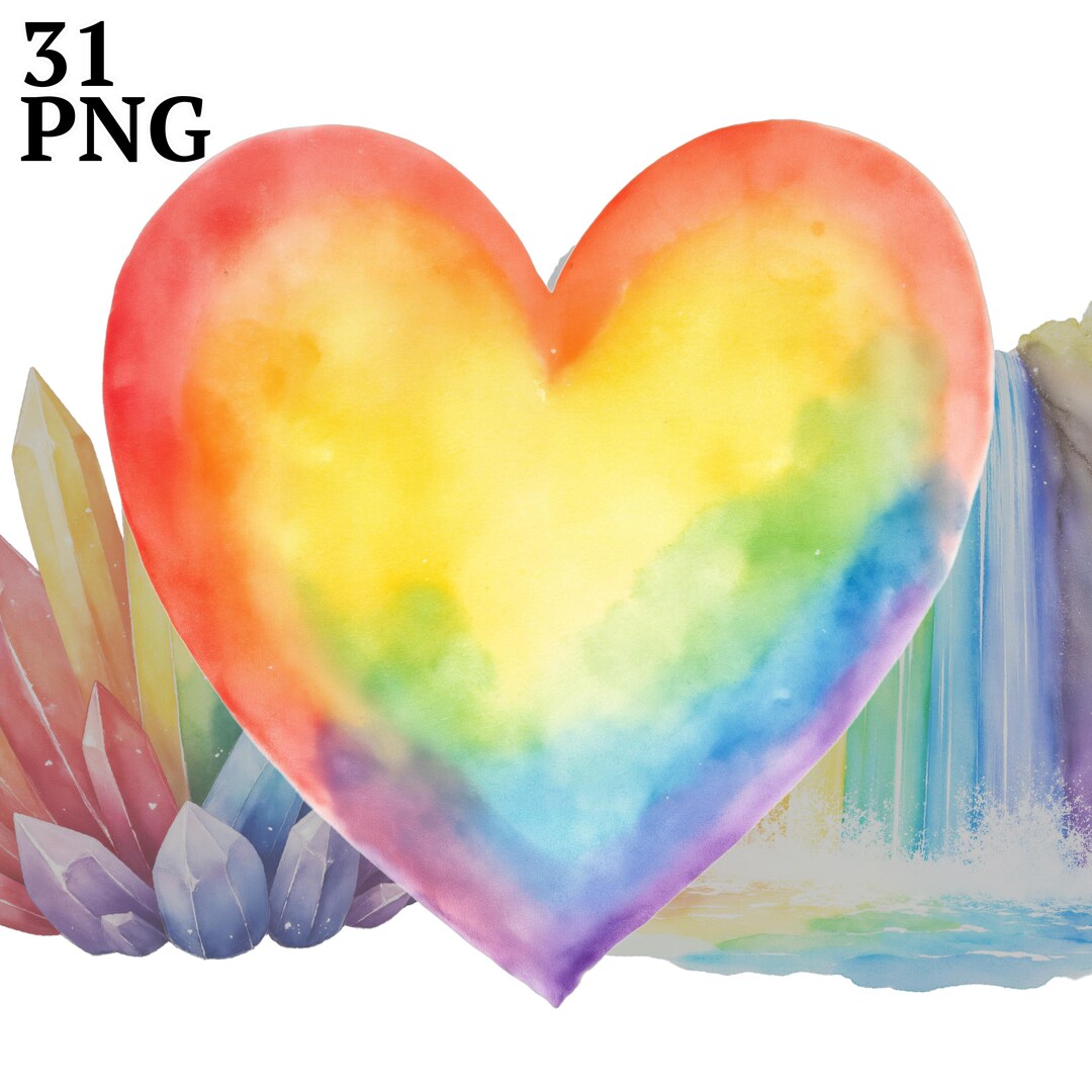 Watercolor Rainbow Clipart: Hearts, Clouds, Drops (digital Download ...