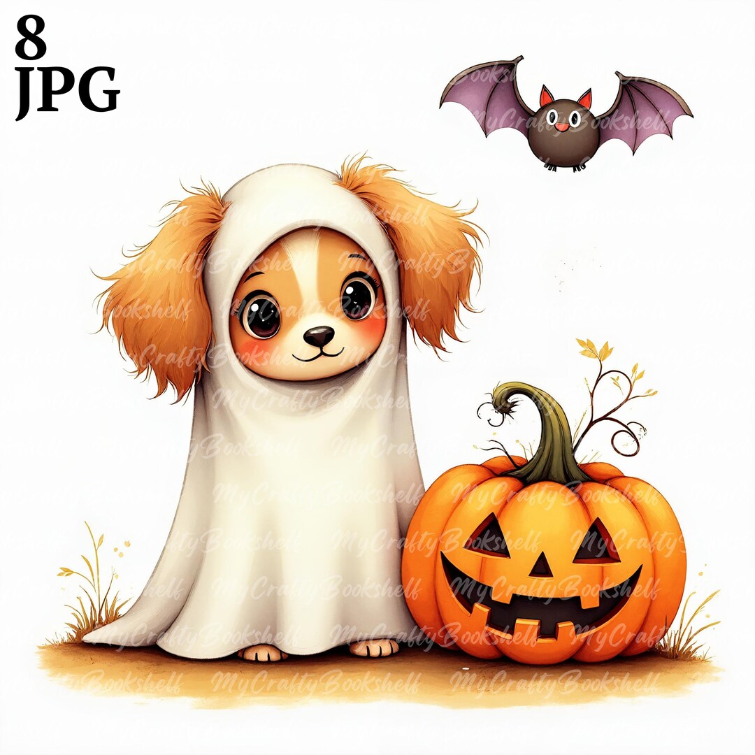 8 Jpgs Quirky Ghost Dog Clip Art Bundle, Halloween Clipart, Watercolor ...