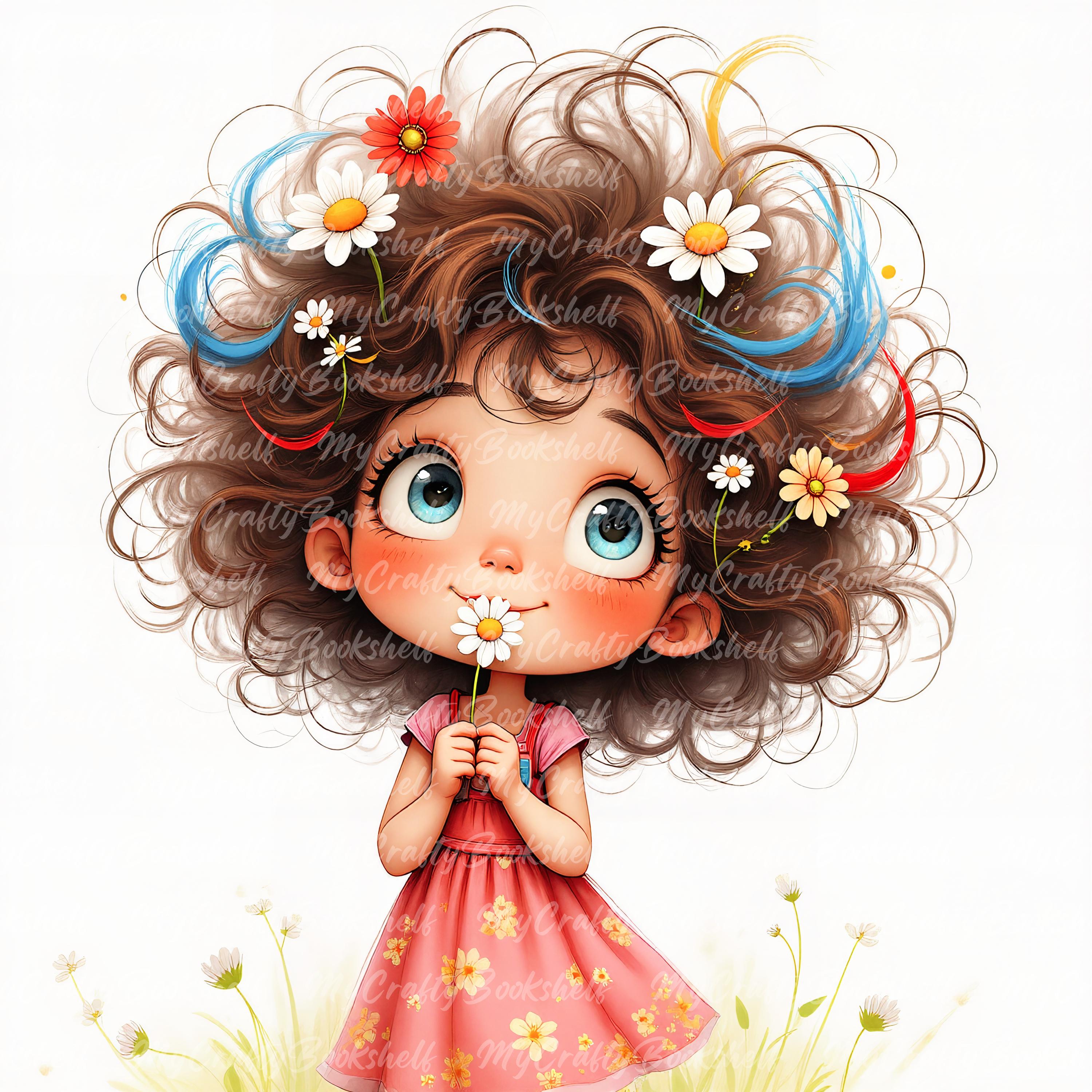 Whimsical Girl With Flowers Clipart: High-res Watercolor PNG (digital ...