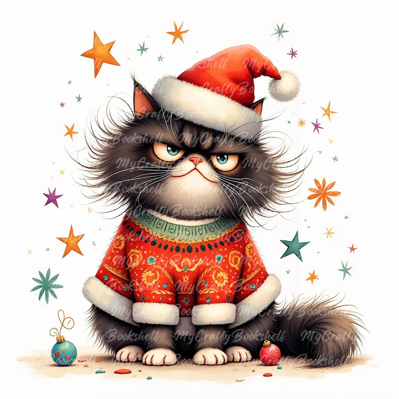 Santa Cat Watercolor Clipart: Christmas Pngs for Junk Journals (digital ...