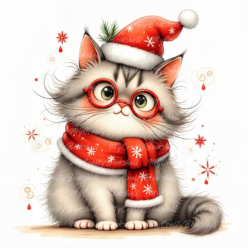 Santa Cat Watercolor Clipart: Christmas Pngs for Junk Journals (digital ...