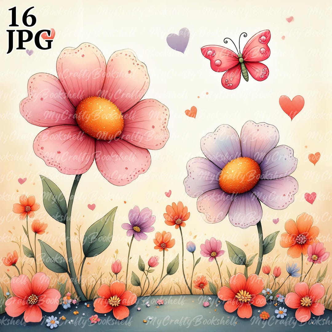 16 Cute Whimsical Flower Clipart, Vintage Flowers Clipart, High Res JPG ...