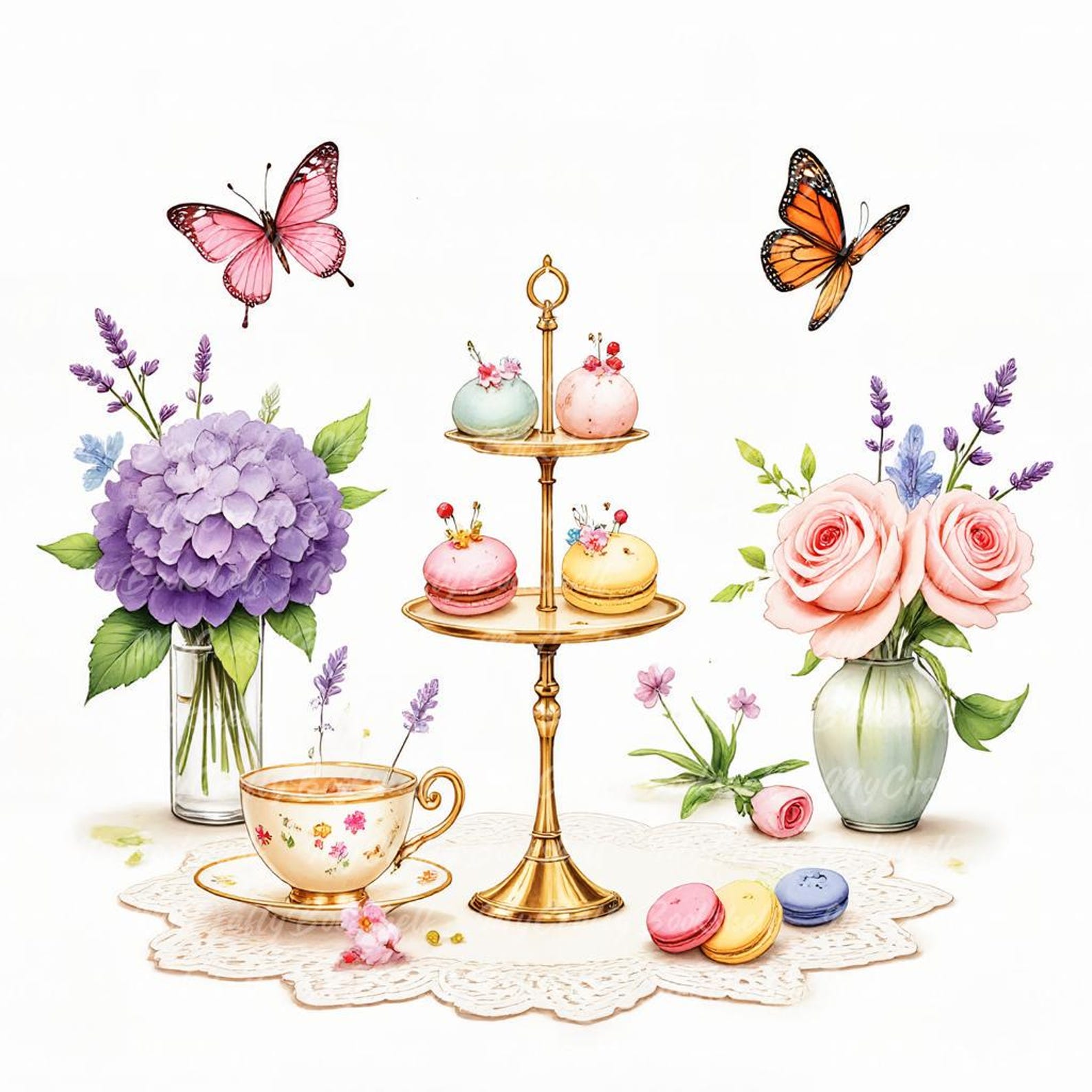 English Garden Tea Party Clipart: Watercolor Floral PNG (digital ...