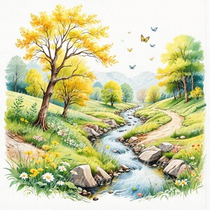13 Spring Landscape Clipart, Spring Clipart, Printable Watercolor ...