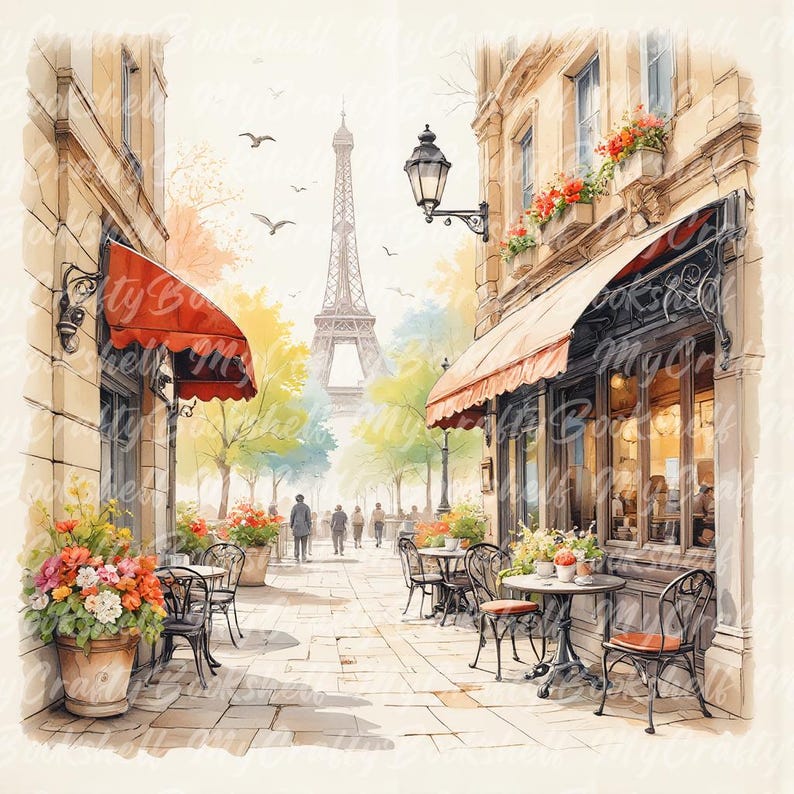 Vintage Paris Watercolor Clipart: Eiffel Tower Postcard (digital ...