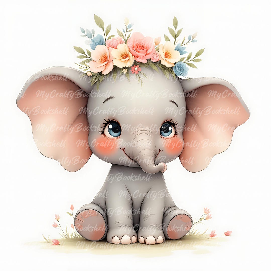 11 Flower Baby Elephant Clipart, Commercial Use, Whimsical Ephemera ...
