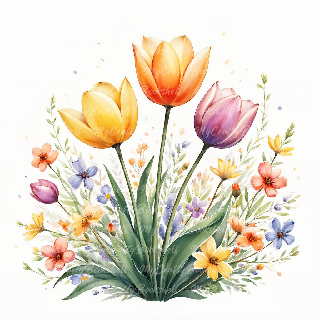 Watercolor Spring Flower Clipart Set: Printable Flowerbed Pngs (digital ...