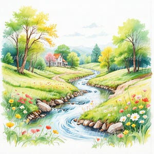 13 Spring Landscape Clipart, Spring Clipart, Printable Watercolor ...