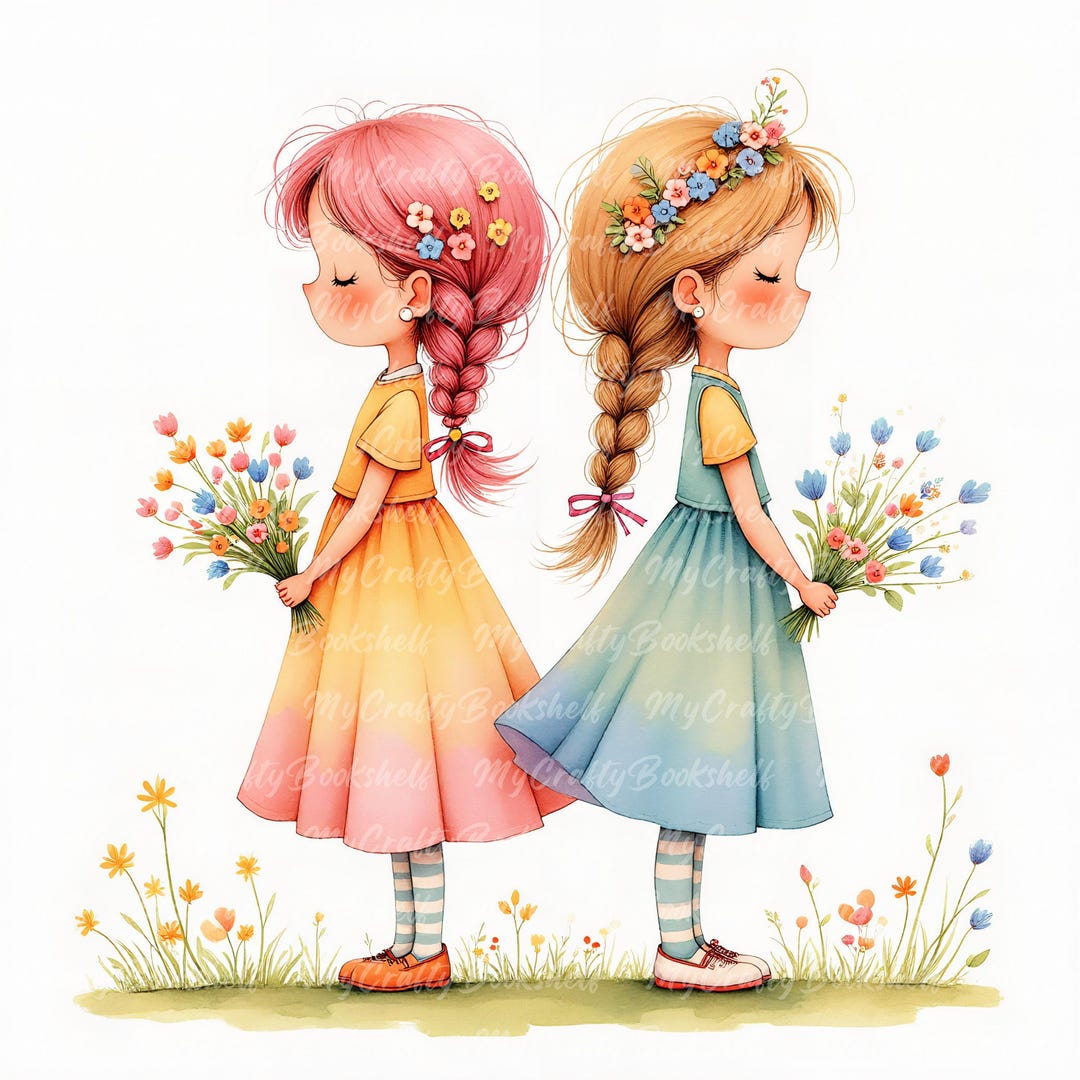 12 Best Friends Little Girls Clip Art Kit High Res Watercolor Jpgs for ...