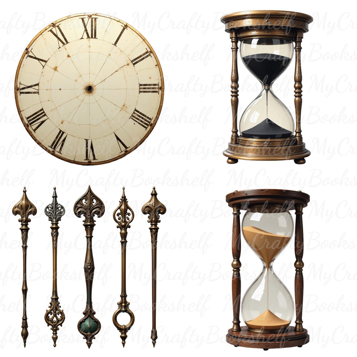 Vintage Clock Clipart Bundle: Steampunk Gears, Antique Hourglass ...