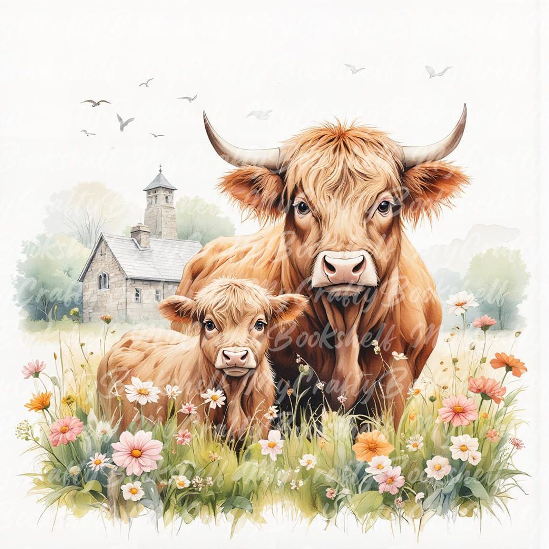 12 Highland Cow Farm Clipart, Farm Clipart, Printable Watercolor ...