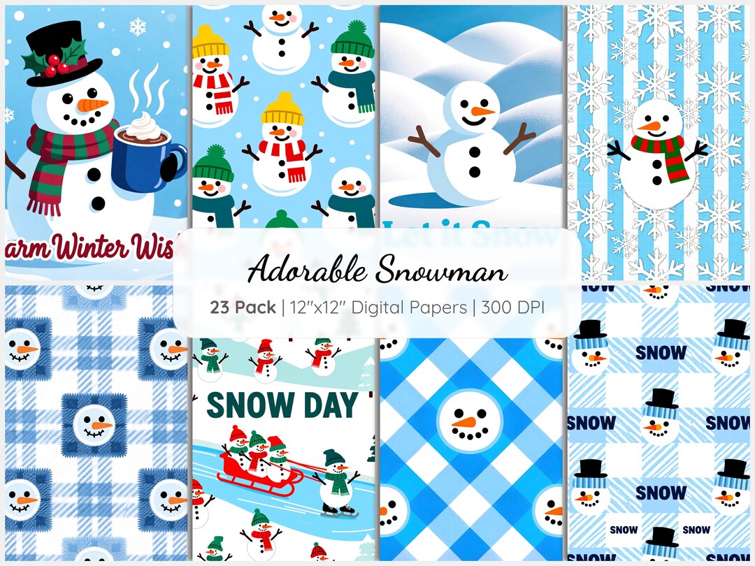 Adorable Snowman Digital Papers: Cute Winter Backgrounds, Holiday ...