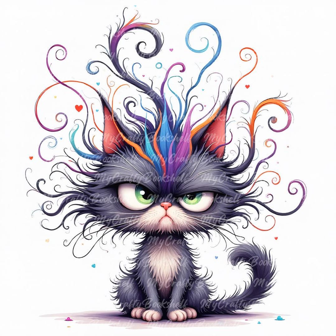 7 Frazzled Cat Clip Art High Res Watercolor Funny Cat Clipart Jpgs for ...