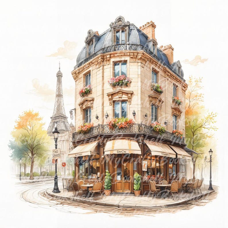 Vintage Paris Watercolor Clipart: Eiffel Tower Postcard (digital ...