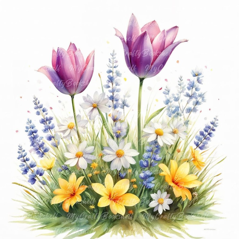Watercolor Spring Flower Clipart Set: Printable Flowerbed Pngs (digital ...