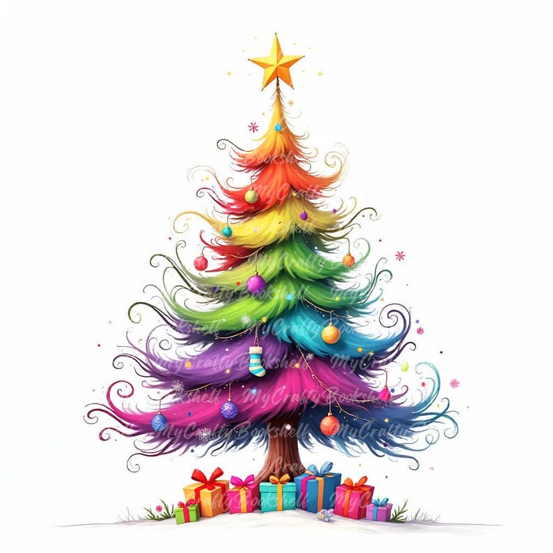 Whimsical Christmas Tree Clipart: Watercolor PNG Images (digital ...