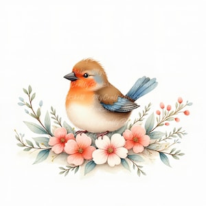 12 PNG Whimsical Birds Clip Art, Birds With Flowers, Cute Birds Digital ...
