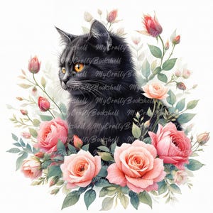 15 Floral Cats, Cats Clipart, Cat in Roses, Printable Watercolor ...