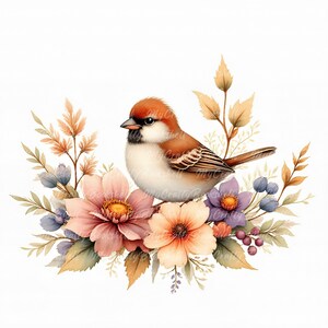 12 PNG Whimsical Birds Clip Art, Birds With Flowers, Cute Birds Digital ...
