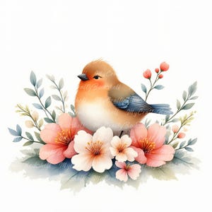 12 PNG Whimsical Birds Clip Art, Birds With Flowers, Cute Birds Digital ...