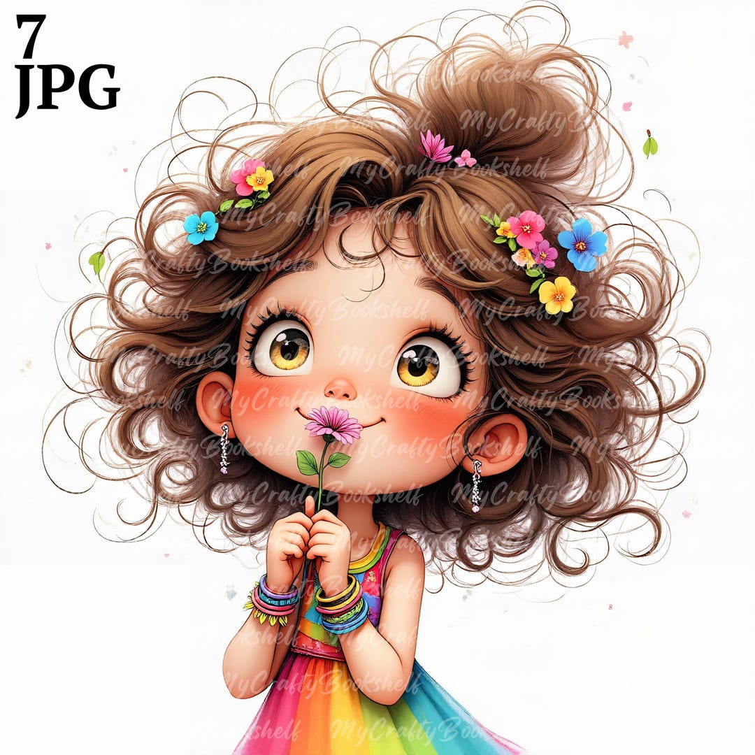 Whimsical Girl With Flowers Clipart: High-res Watercolor PNG (digital ...