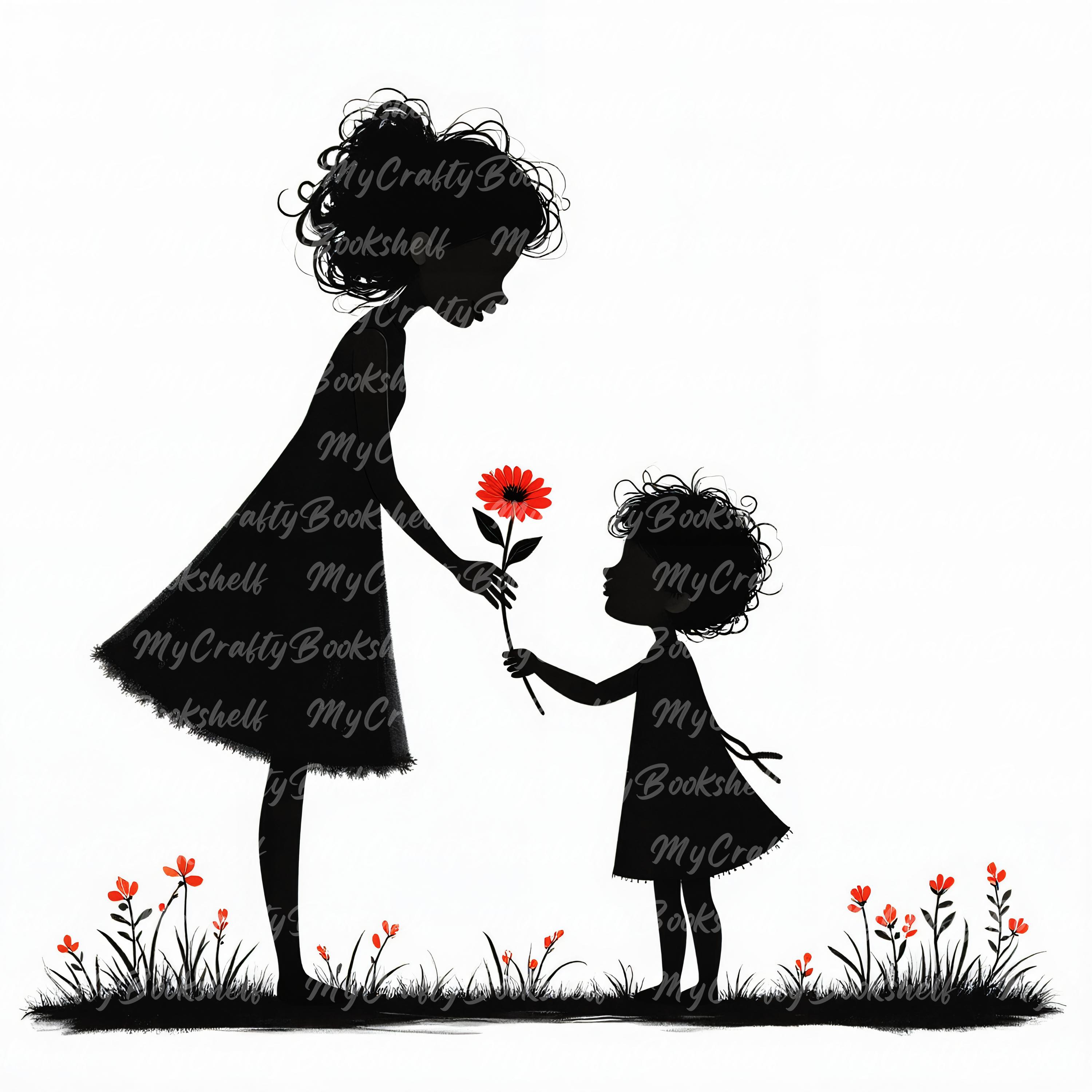 Mom and Kid Clipart: Black and White Mother's Day Images (digital ...