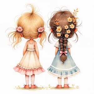 12 Best Friends Little Girls Clip Art Kit High Res Watercolor Jpgs for ...
