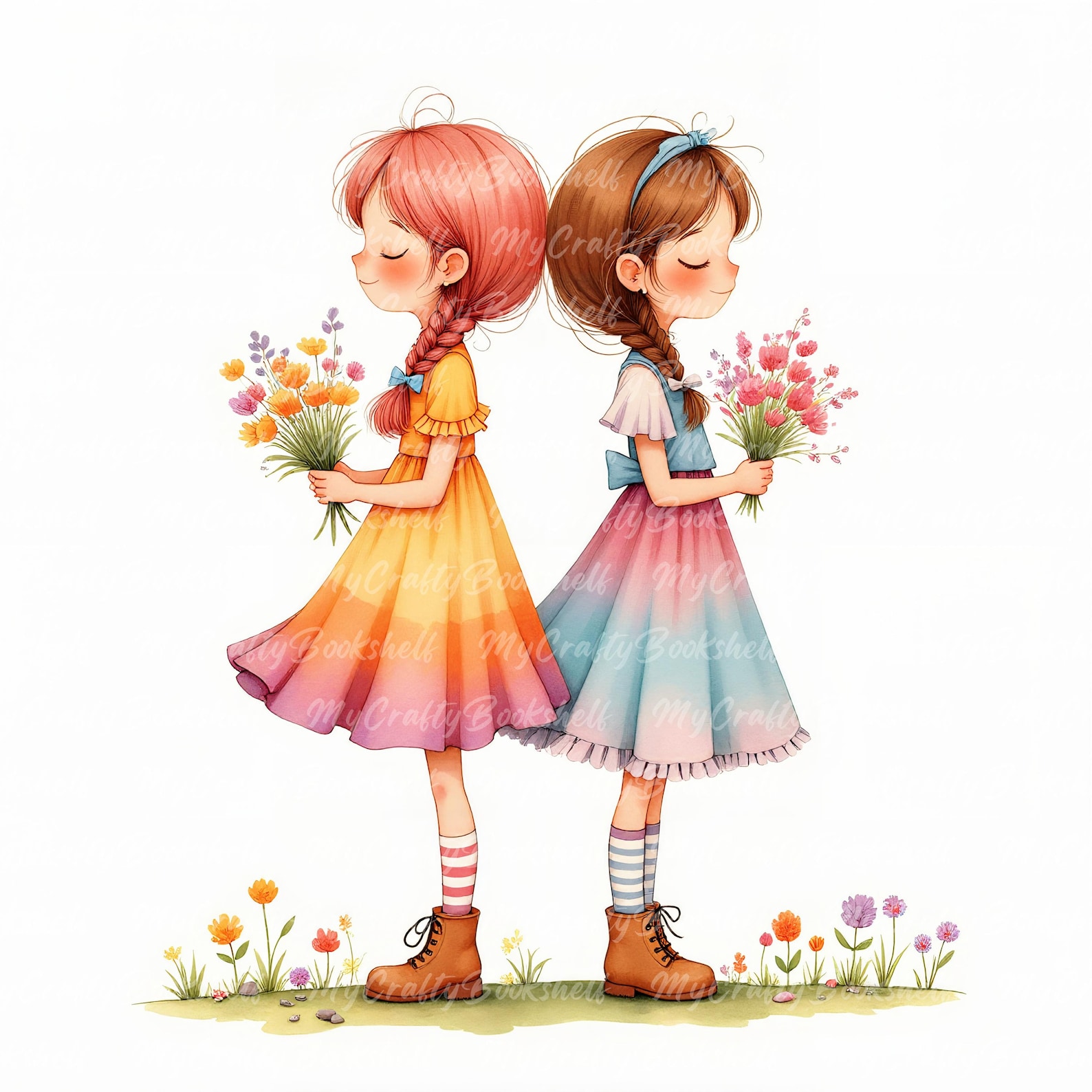 12 Best Friends Little Girls Clip Art Kit High Res Watercolor Jpgs for ...